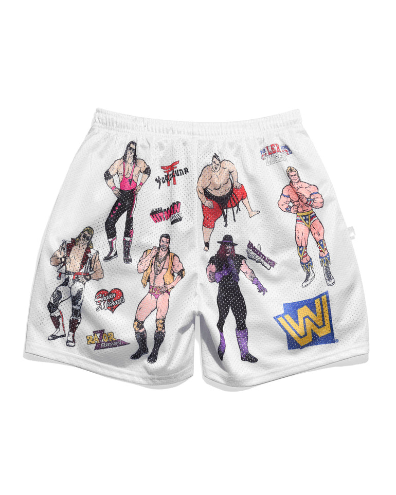 Men's mesh shorts with retro WWE, Music, and Movie themed prints ...